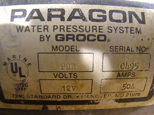 Salvage RV Parts PARAGON MODEL PSR WATER PRESSURE SYSTEM PUMP BY GROCO ...